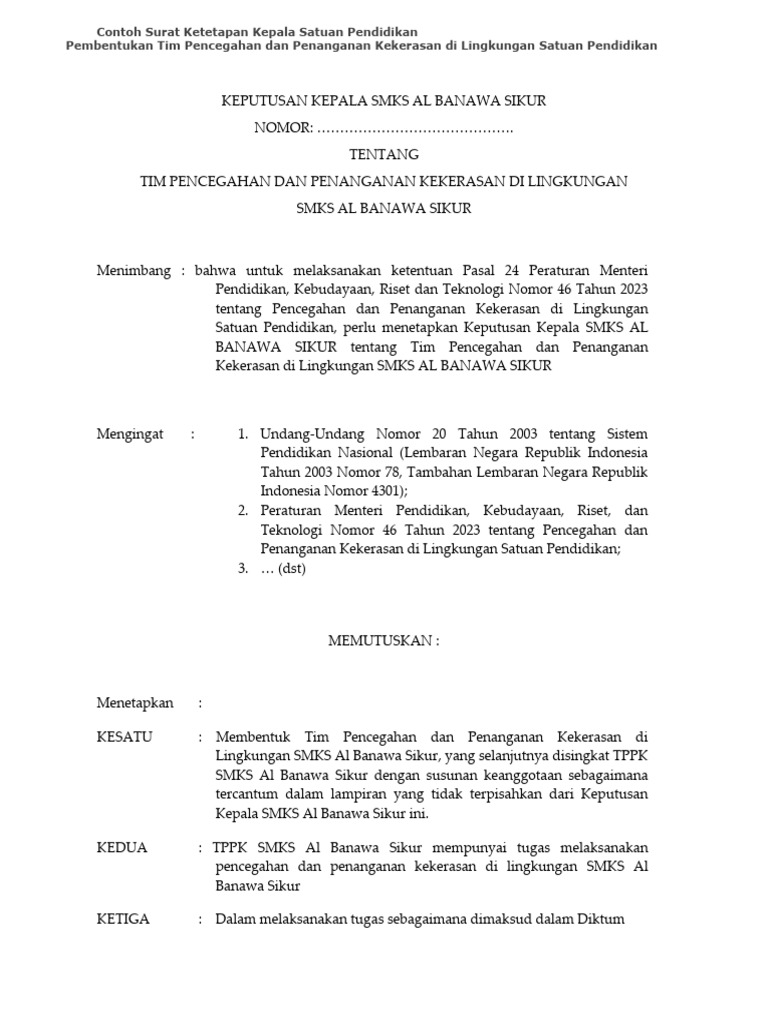 Template SK Kepala Satuan Pendidikan Pembentukan TPPK | PDF