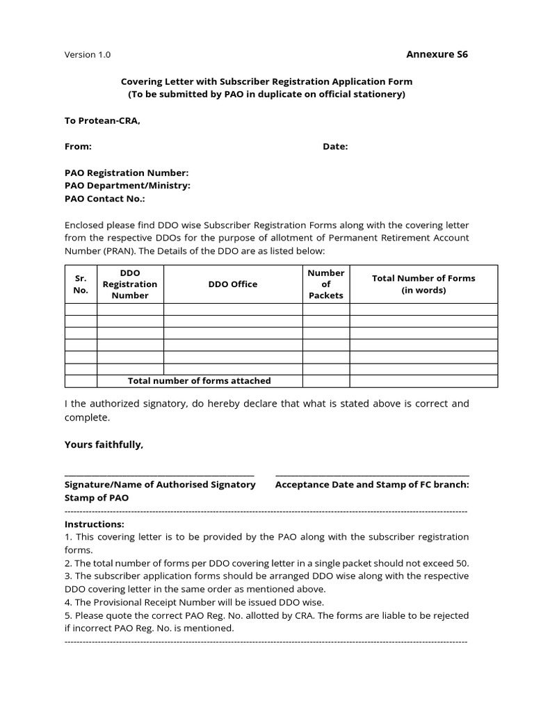 NPS Subscriber Registration Cover Letter | PDF | Finance & Money Management