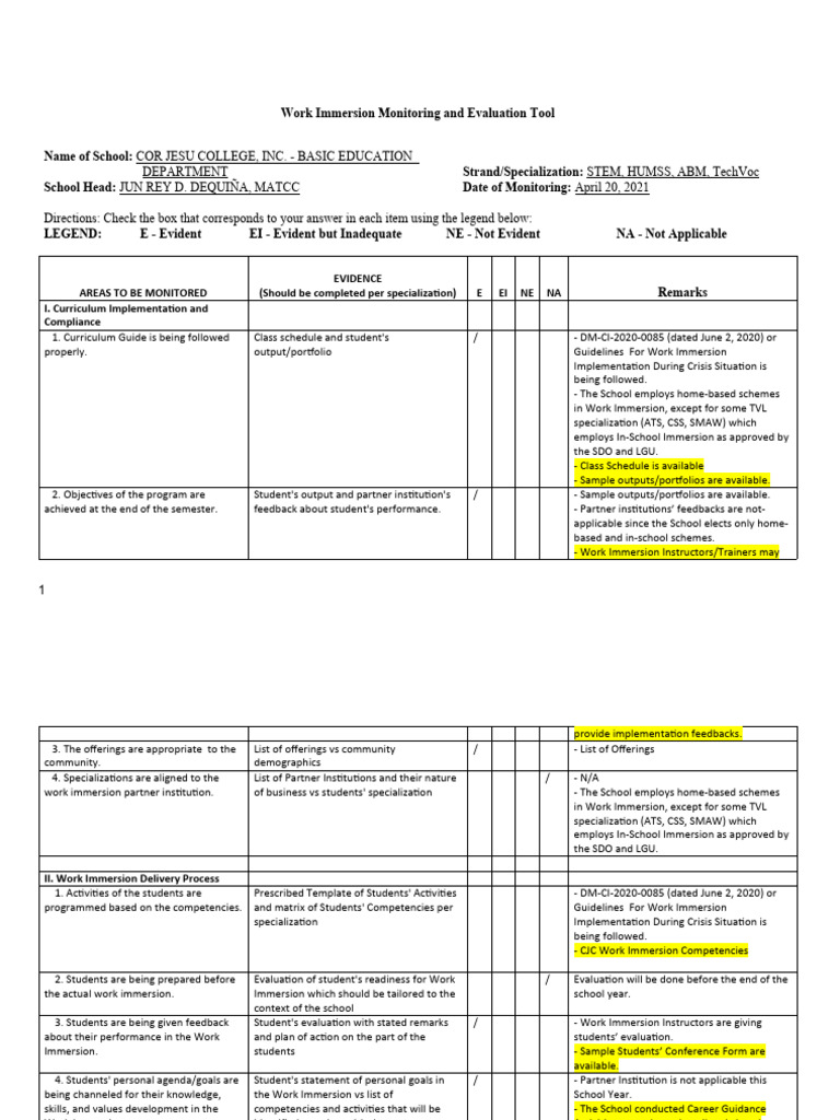 Work Immersion Evaluation Tool | PDF
