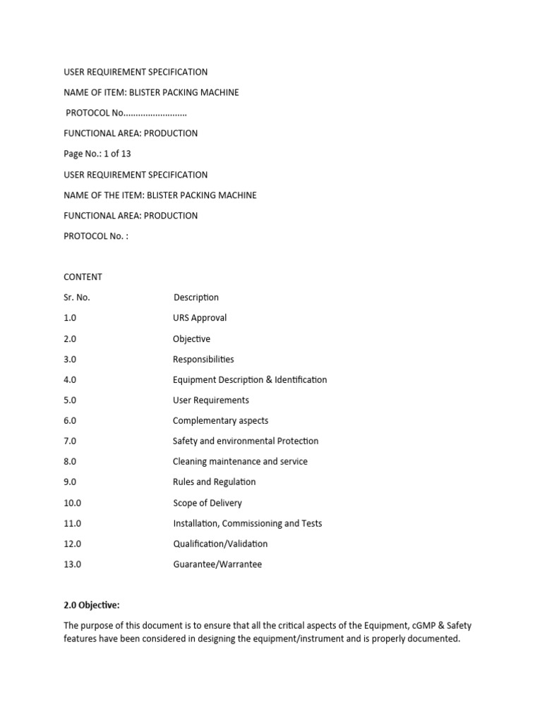 URS For Blister Machine | PDF | Specification (Technical Standard) | Verification And Validation