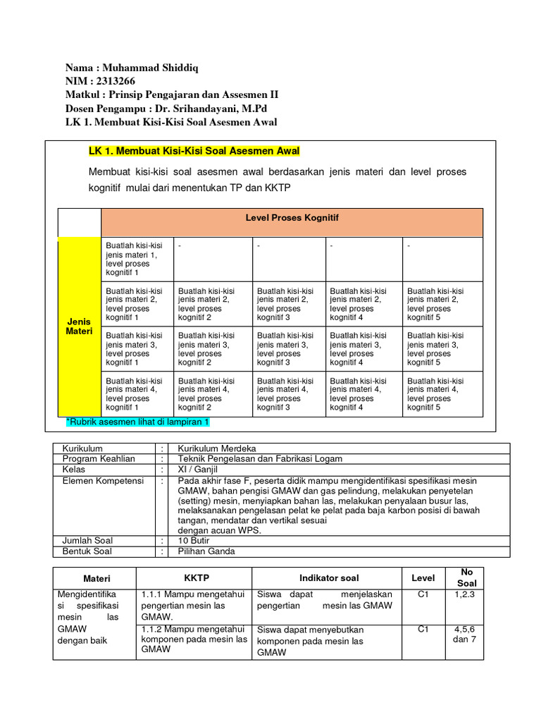 Muhammad Shiddiq. 2313266. LK 1. Membuat Kisi-Kisi Soal Asesmen Awal | PDF
