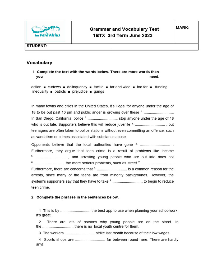 Grammar and Vocabulary Test | PDF | Juvenile Delinquency
