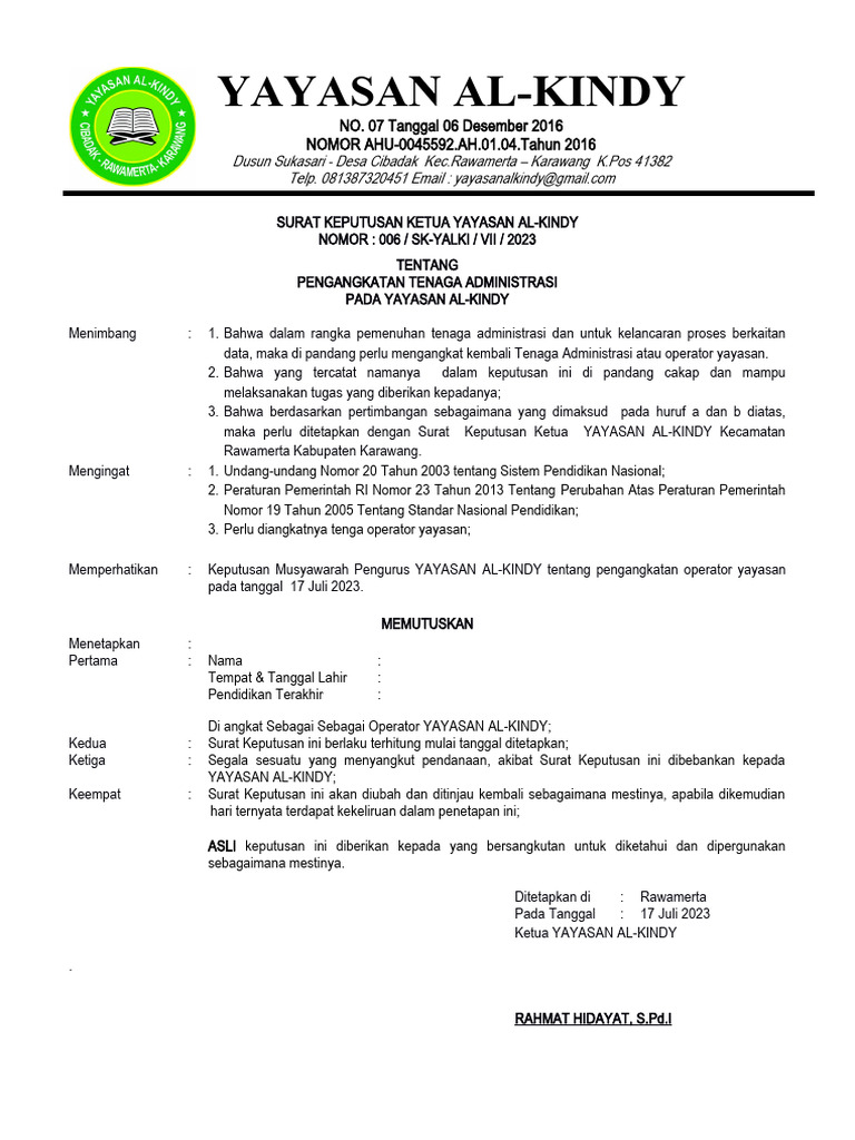 Contoh SK Operator Yayasan | PDF