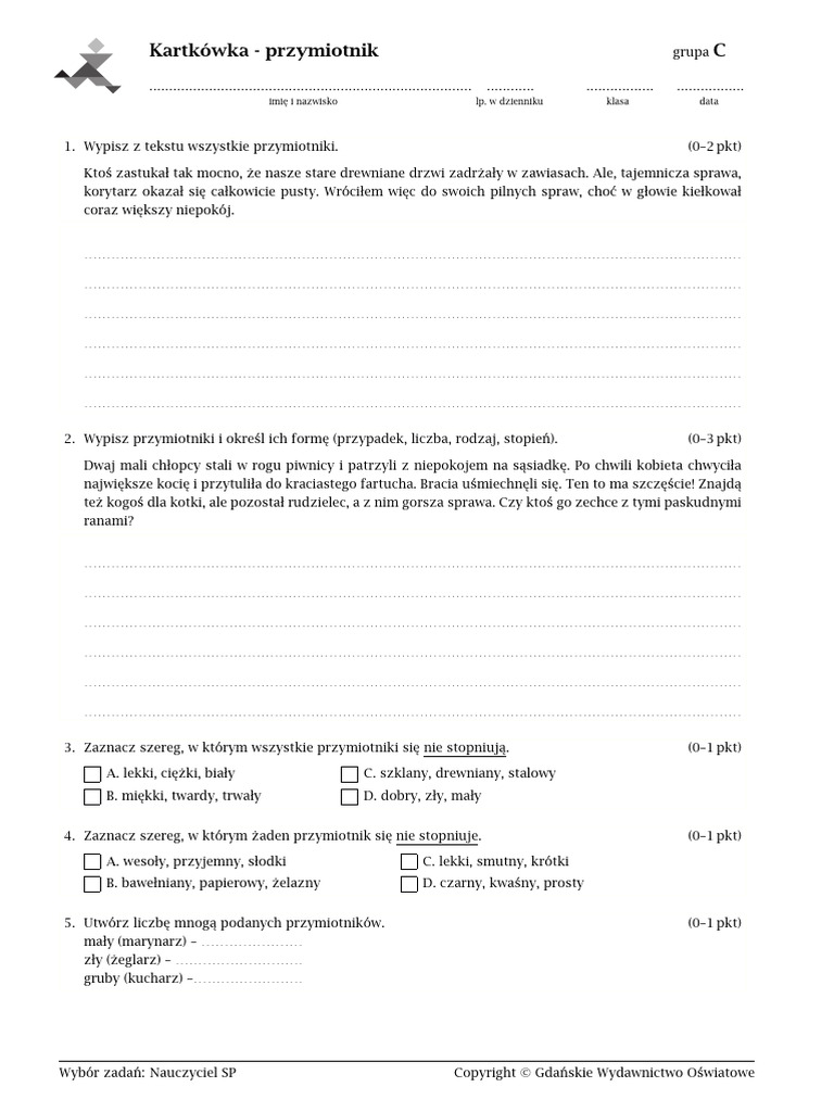 Przymiotnik Klasa 4 Grupa C GWO | PDF