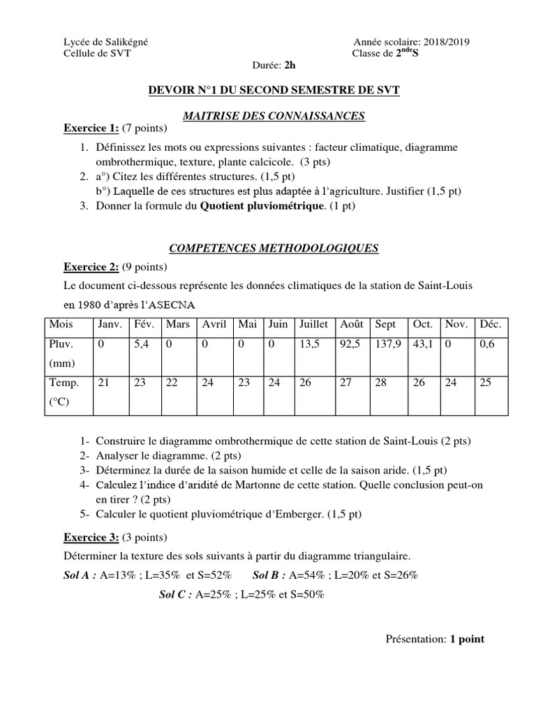Devoir SVT 2nde S - Semestre 2 | PDF