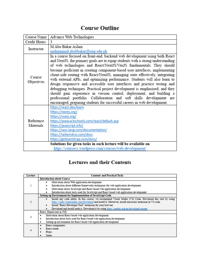 Course Outline For Advance Web Development Course | Download Free PDF | Web Development | Software