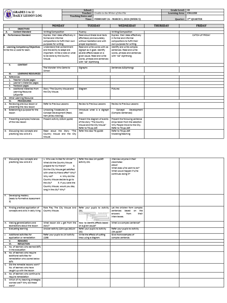 DLL - English 3 - Q3 - W5 | PDF | Learning | Literacy