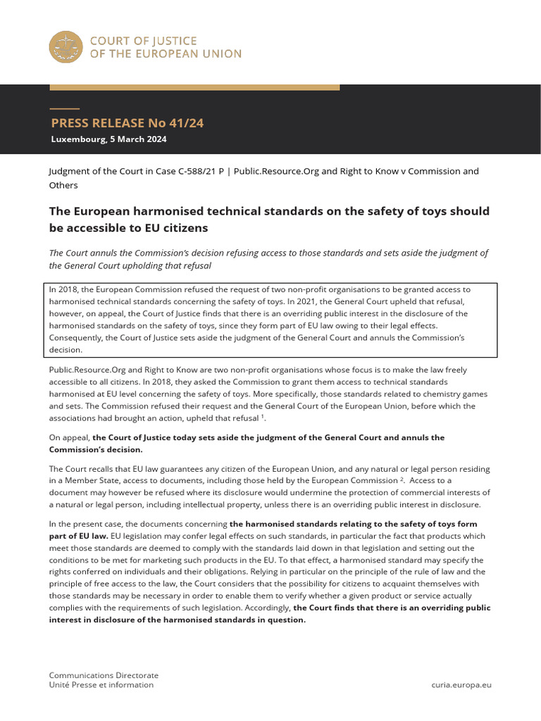 Press Release Harmonised Standards | PDF | European Court Of Justice ...