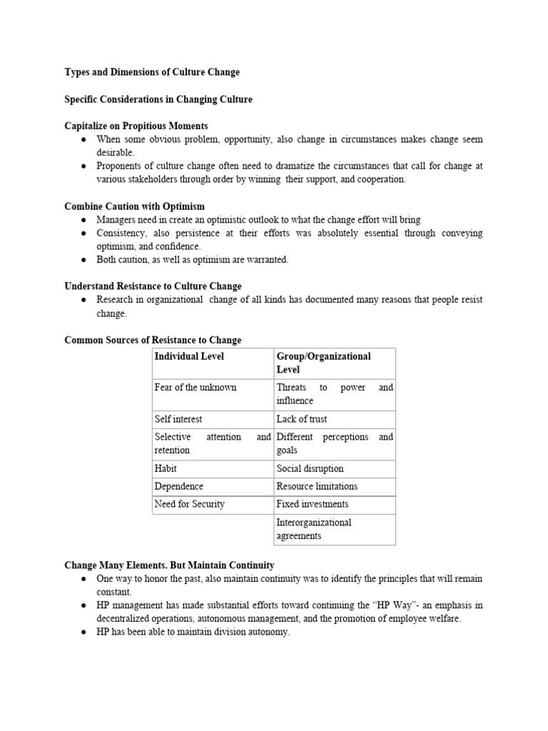 Types and Dimensions of Culture Change | PDF | Optimism | Leadership