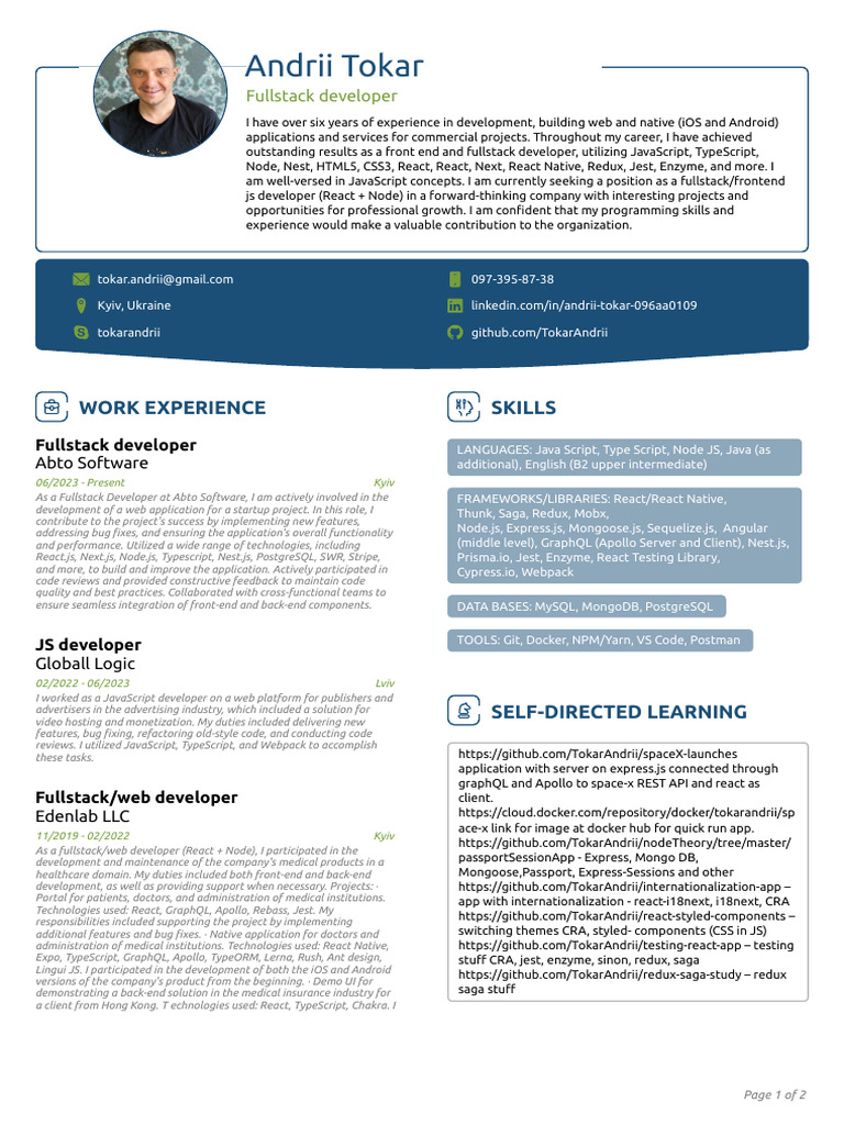 Tokar Andrii Senior Fullstack Engineer Jsreactnodejs NoFluffJobs 20240317 2254 | PDF | Java ...