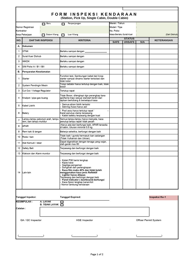 Form Inspeksi Kendaraan Operasional | PDF