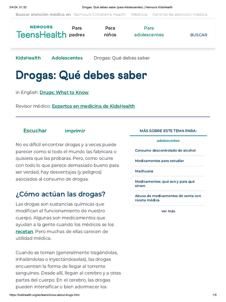 Drogas - Qué Debes Saber (Para Adolescentes) - Nemours KidsHealth | PDF ...