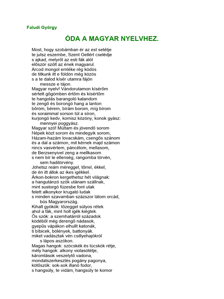 Faludi György Óda A Magyar Nyelvhez | PDF