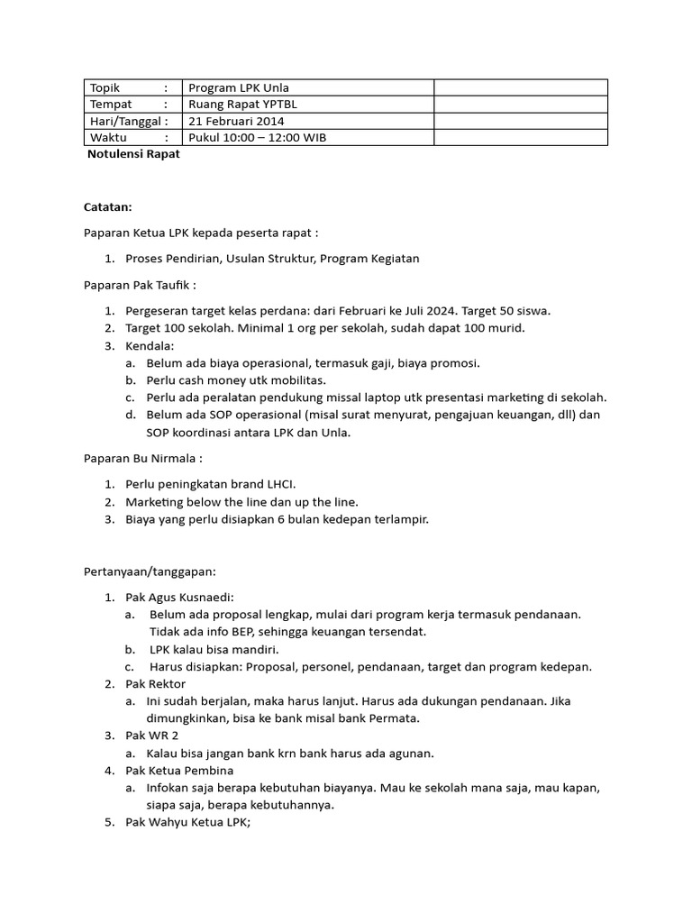 Rapat Program LPK Unla: Target dan Kendala | PDF