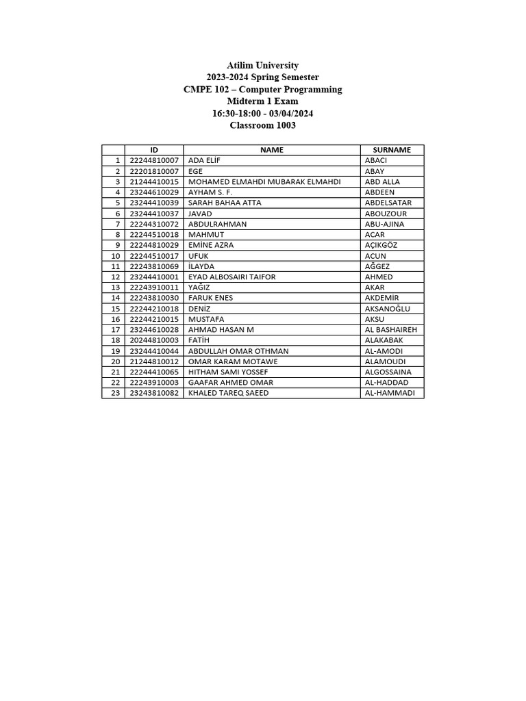 Midterm 1 Seating Plan | PDF