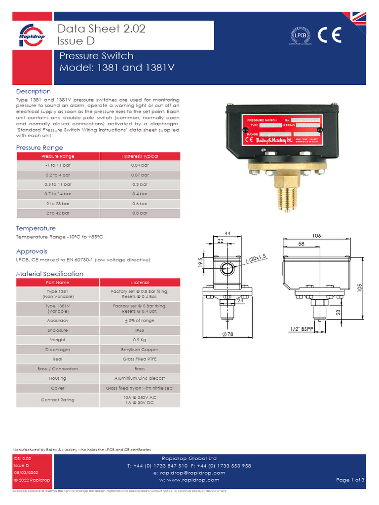 Bailey & Mackey Pressure Switch 1381/1381V | PDF | Switch | Electricity