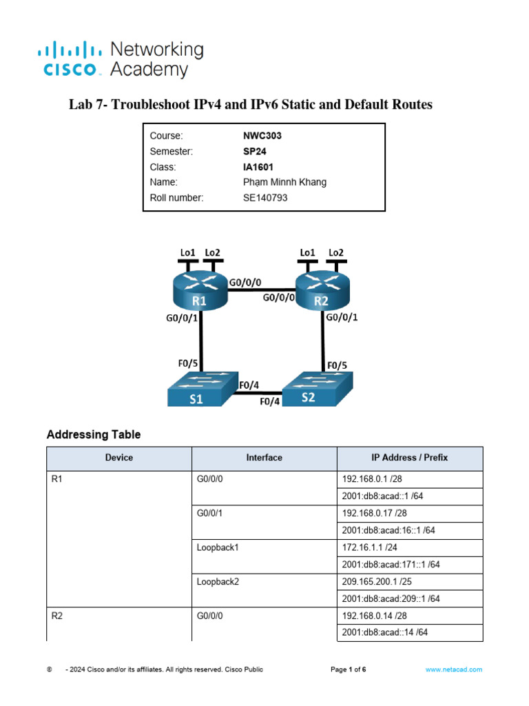 Lab 7 Troubleshoot Ipv4 And Ipv6 Static And Default Routes Pdf Ip Address I Pv6