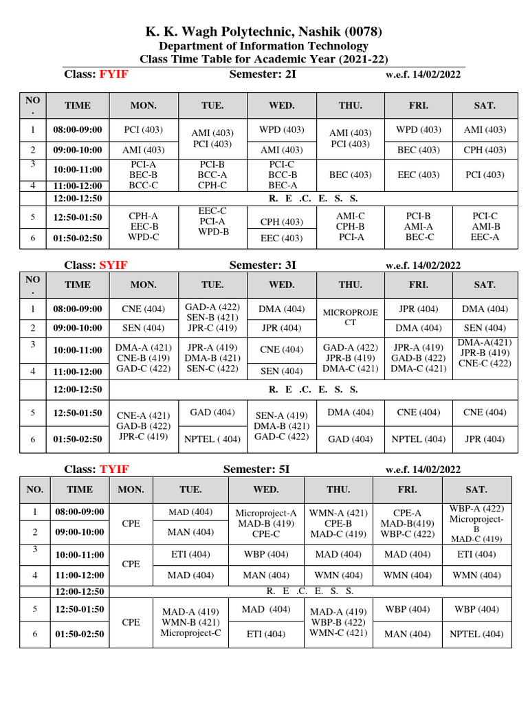 Class Time Table Even Sem (2021-22) | PDF | Science & Mathematics