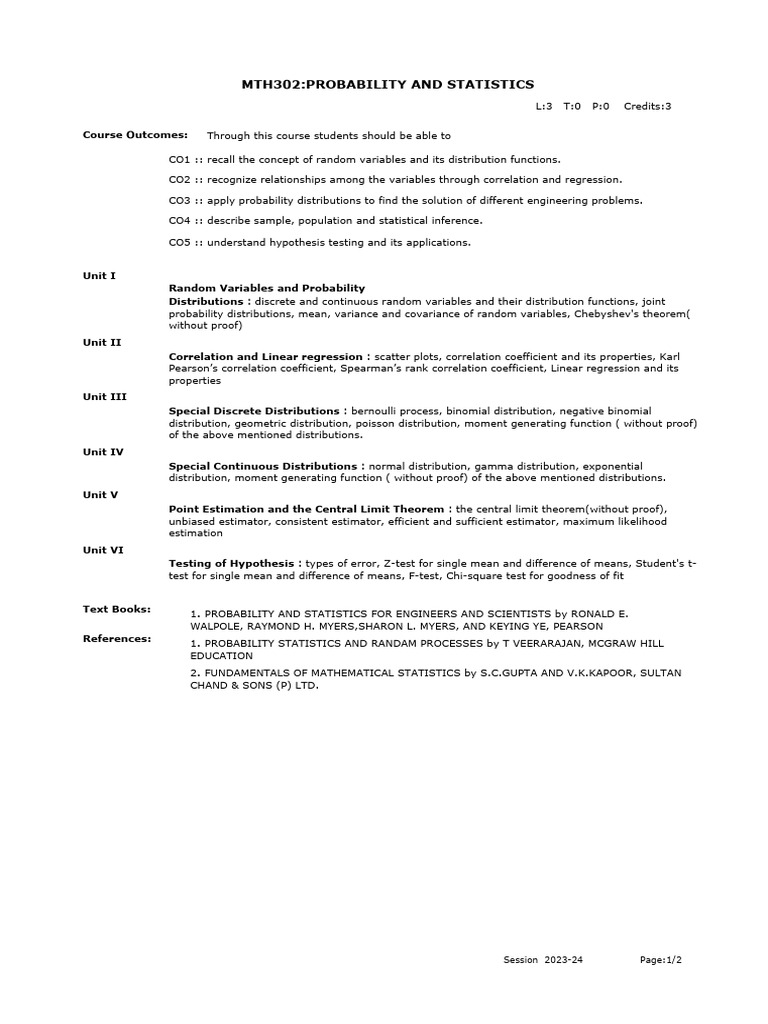 mth302_2024_syllabus | PDF | Probability Distribution | Statistics