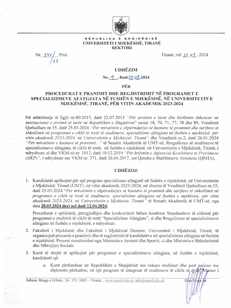 Udhezim Nr.1 Date 25.03.2024 I Rektorit Per Procedurat e Pranimit Dhe ...