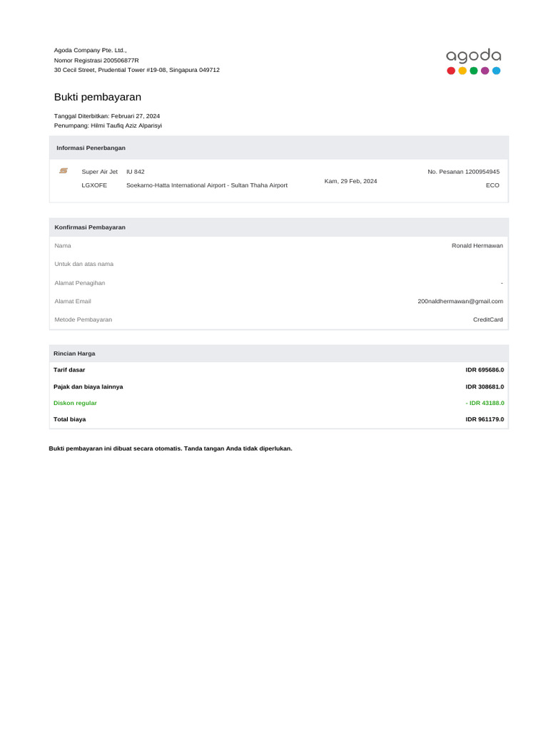 Agoda RECEIPT Enclosed | PDF