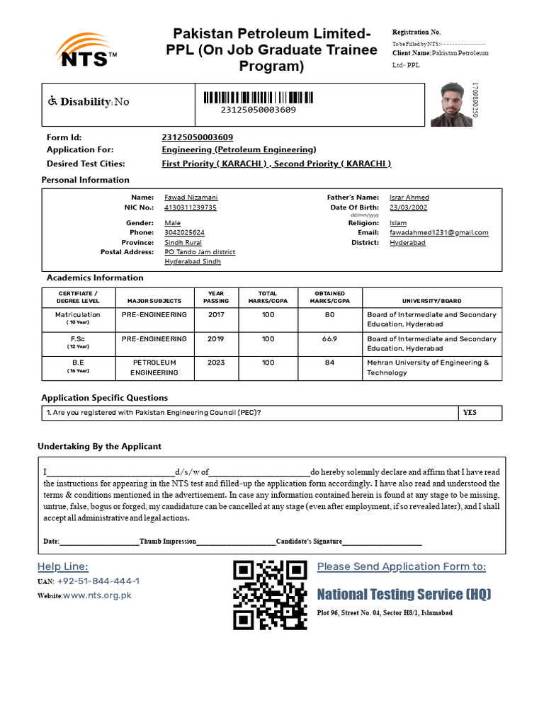 Fawad NTS Application Form For PPL | PDF