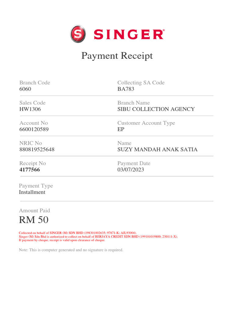 Payment Receipt: Branch Code Collecting SA Code | PDF