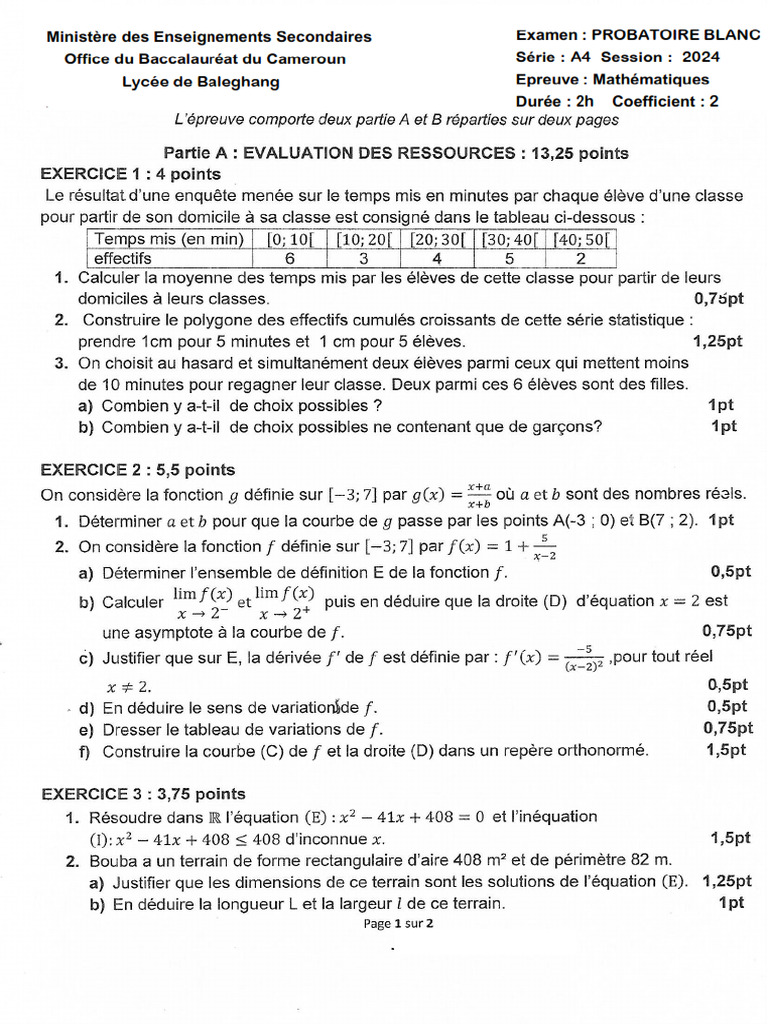 Maths Probatoire BLANC A4 2024 | PDF