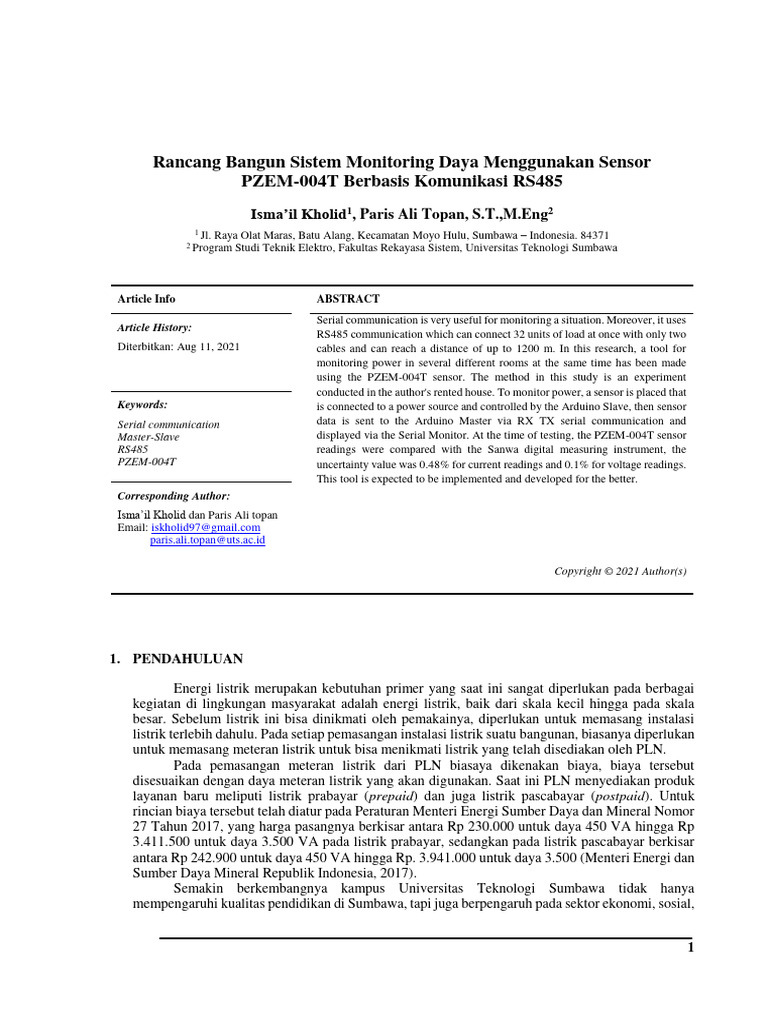 Rancang Bangun Sistem Monitoring Daya Menggunakan Sensor Pzem 004t Berbasis Komunikasi Rs485 Pdf