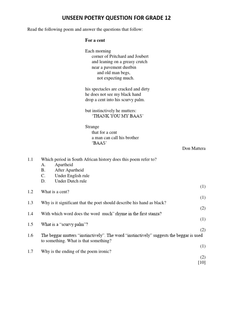 Grade 12 Unseen Poetry Analysis | PDF