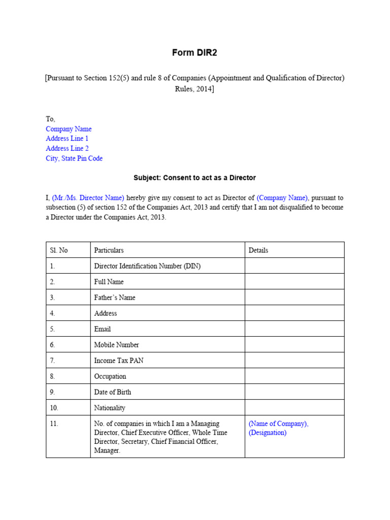 DIR 2 - Consent To Act As Director | PDF