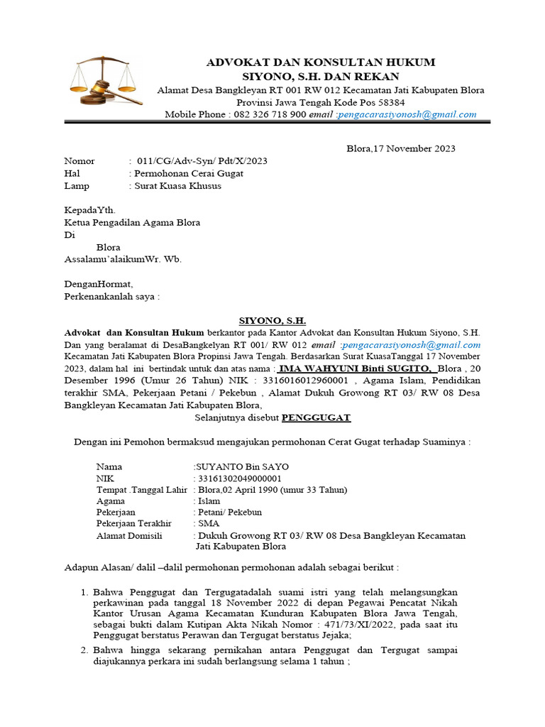Surat Permohonan Gugat Cerai Ima Wahyuni | PDF | Politik | Hukum