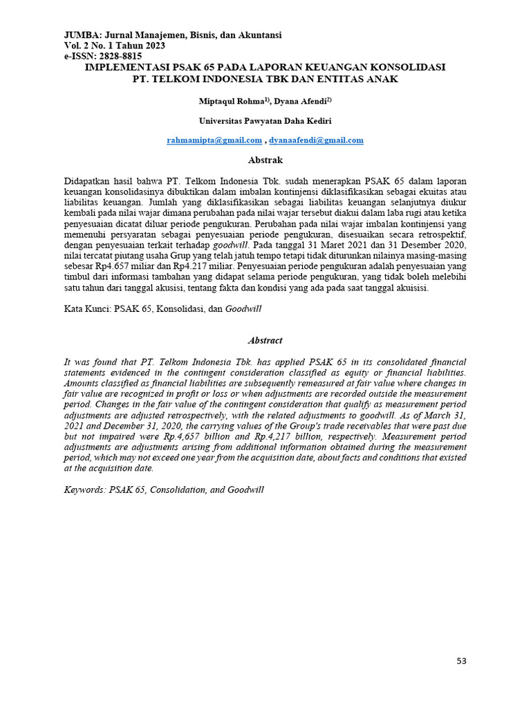 Implementasi Psak 65 Pada Laporan Keuangan Konsolidasi Pt. Telkom ...