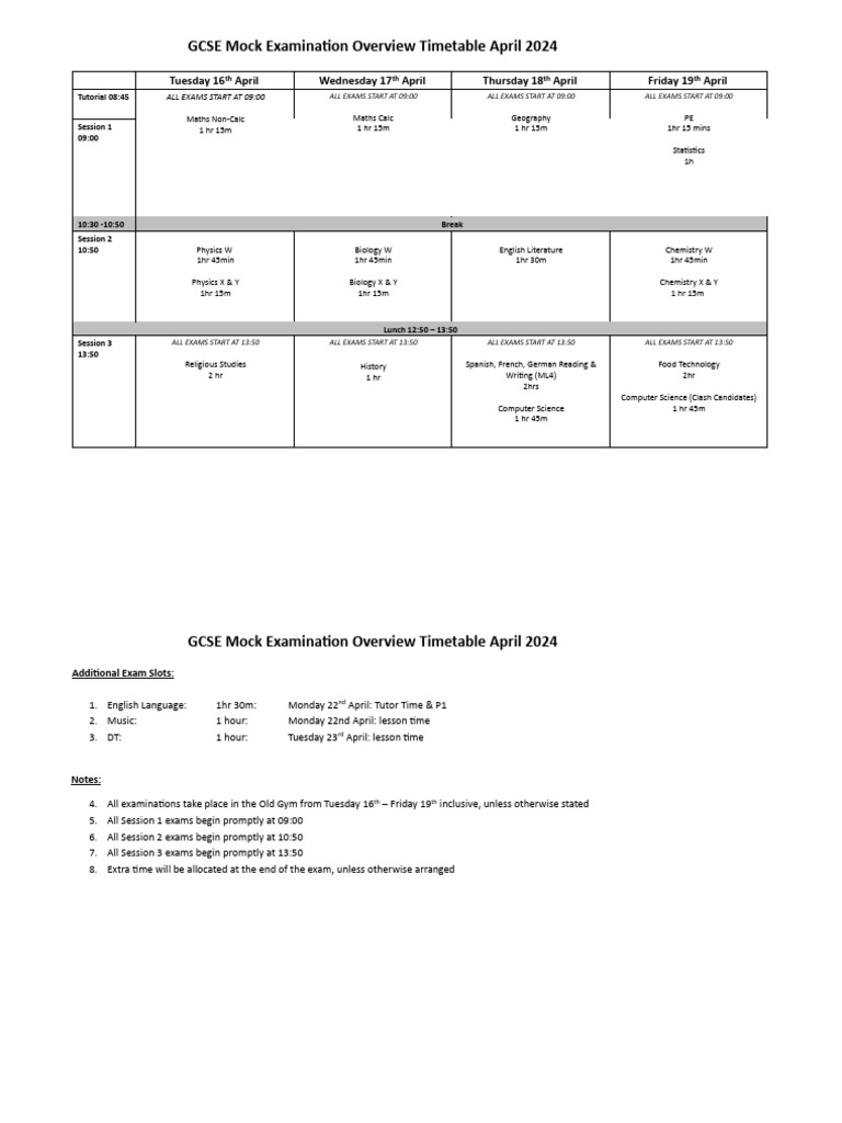 GCSE Mock Examination Timetable April 2024 | PDF | Educational Stages ...