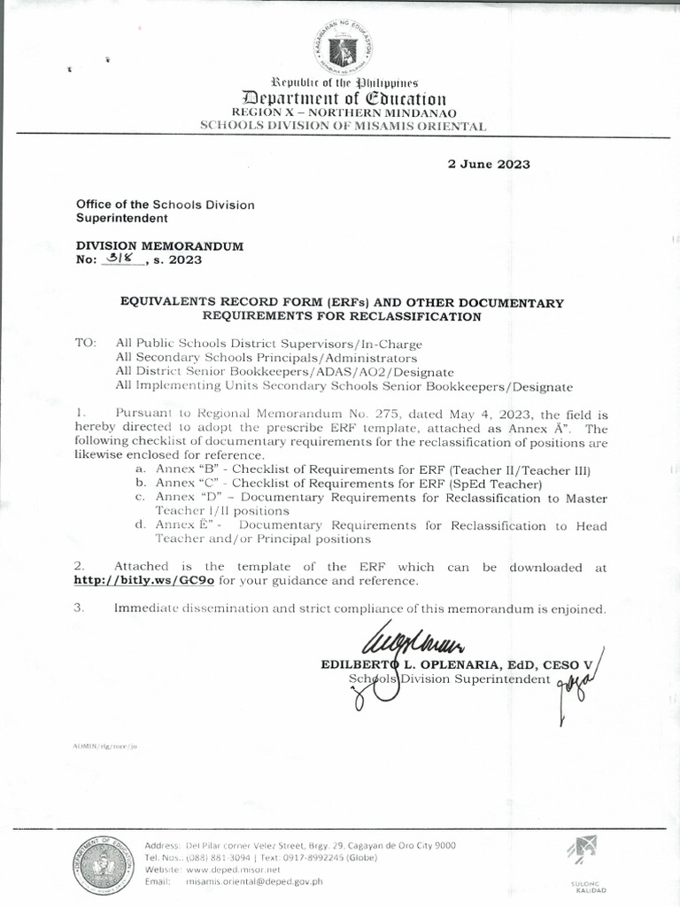 Dm318s.2023 Equivalents Record Form Erfs and Other Documentary Requirements for Reclassification ...