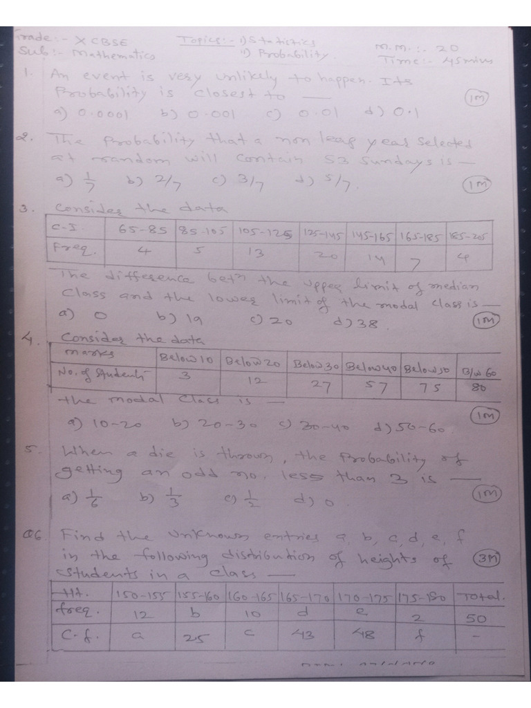 Statistics and Probability Test Paper | PDF