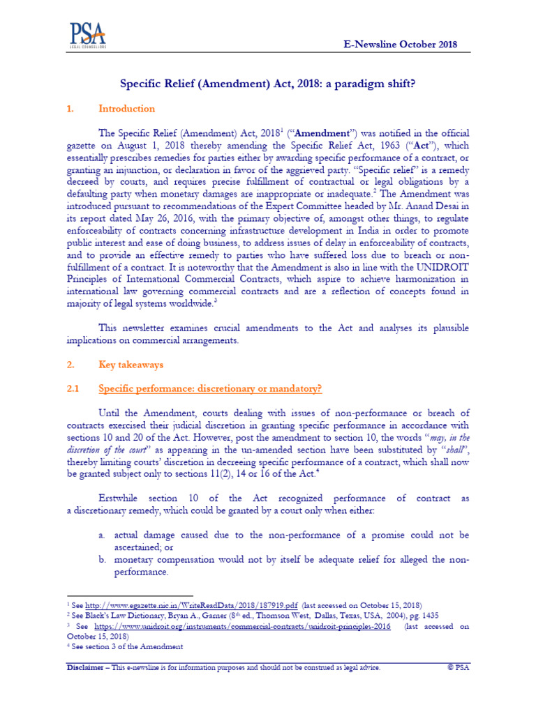 Specific Relief Amendment Act 2018 A Paradigm Shift | PDF | Breach Of Contract | Specific ...