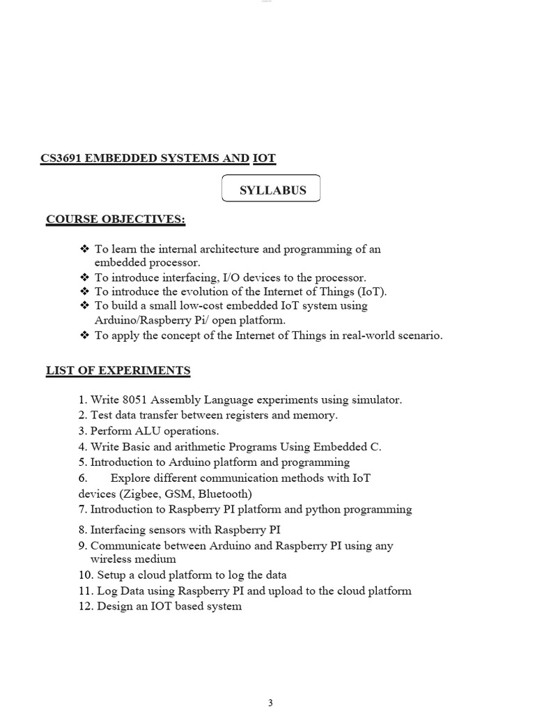 Cs3691 Embedded and Iot Lab Manual | PDF | Arduino | Microcontroller