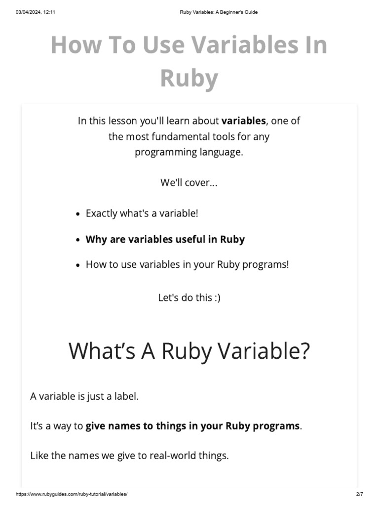 Ruby Variables Beginner's Guide | PDF | Variable (Computer Science ... Ruby Variables Beginner's Guide | PDF | Variable (Computer Science ...