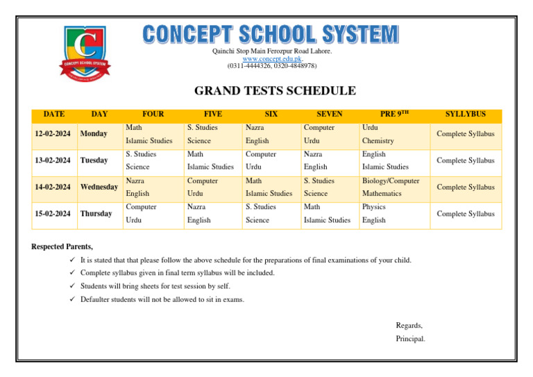 Grand Test Schedule Feb 24 | PDF | Schools | Educational Stages
