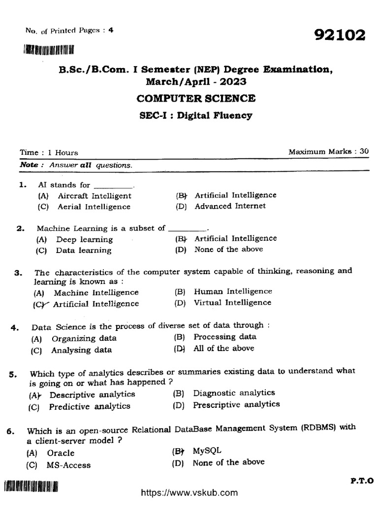 BSC Bcom 1 Sem Digital Fluency 92102 Apr 2023 Vskub | PDF