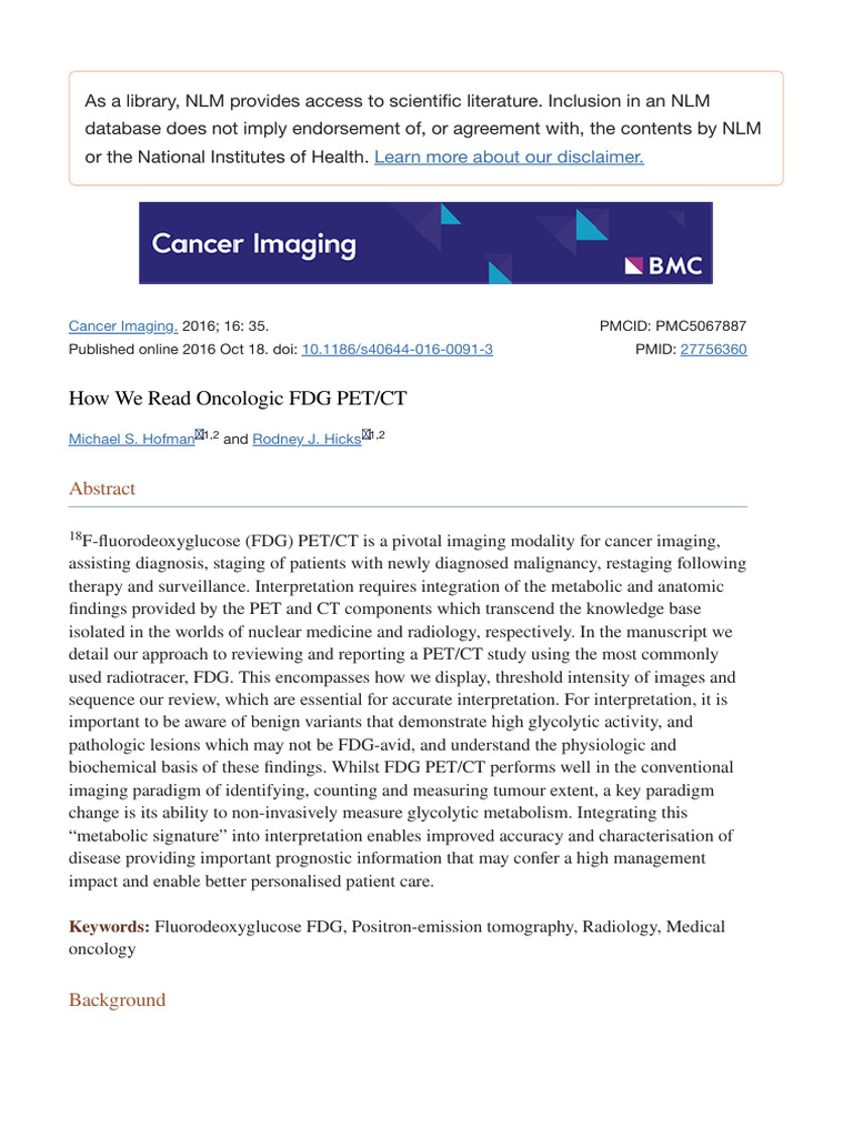 How We Read Oncologic FDG Pet-Ct - PMC | PDF | Positron Emission Tomography | Ct Scan