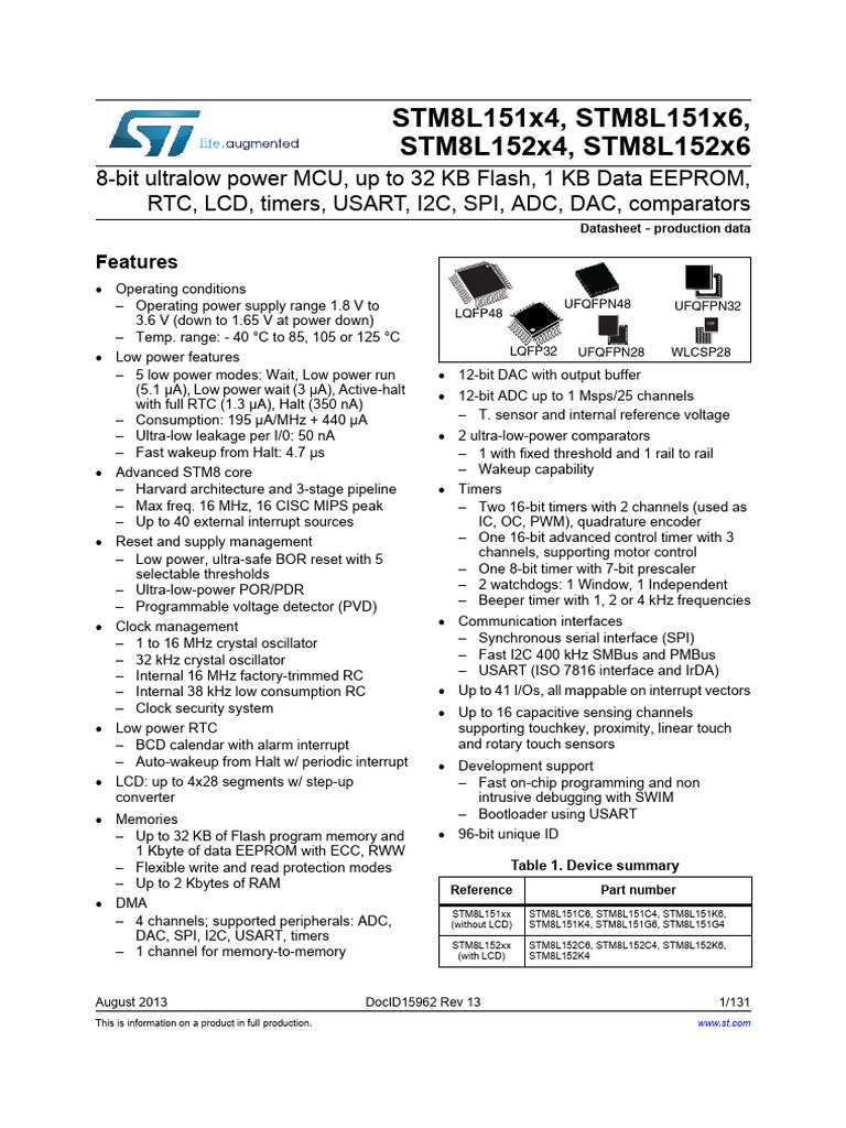 STM8L151/152 Low Power MCU Datasheet | PDF | Microcontroller | Computer Hardware