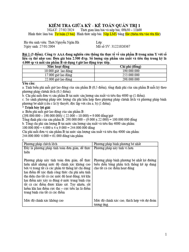 Kiem Tra Giua Ky - Ke Toan Quan Tri 1 - S 270224 | PDF