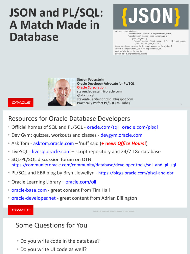 FeuersteinJSON and PLSQL - Match Made in Database | PDF | Json | Pl/Sql