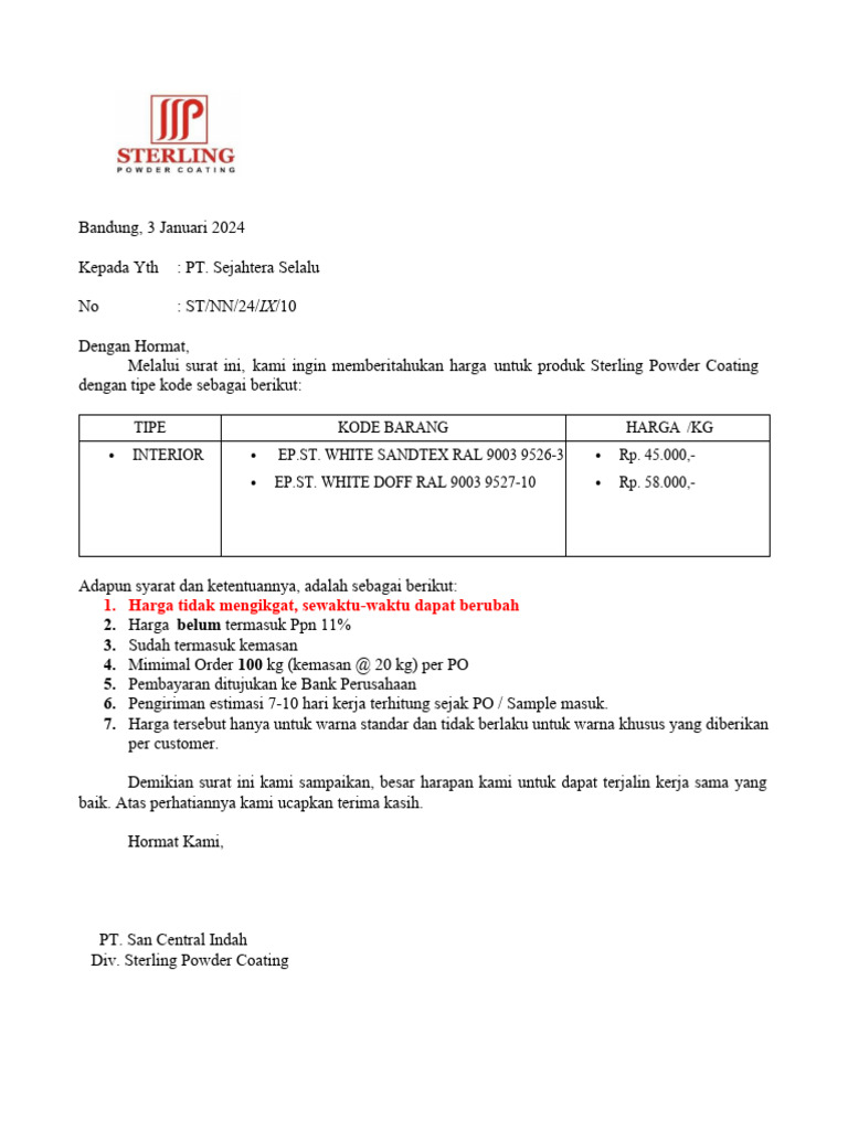 Penawaran Harga Sterling Powder Coating | PDF
