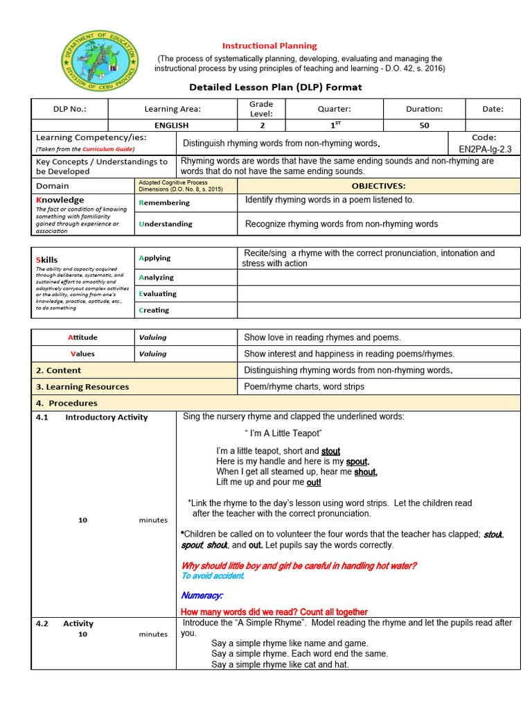 Rhyming Words Lesson Plan for Grade 2 | PDF | Learning | Knowledge