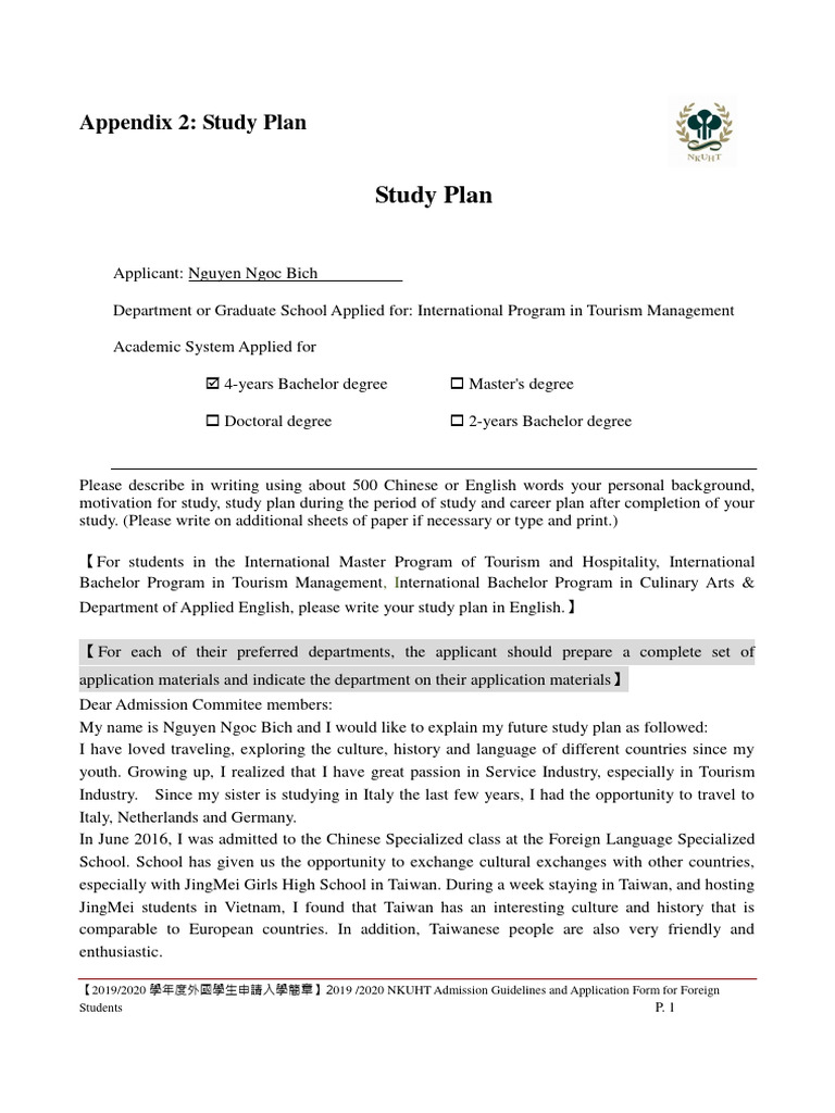 Appendix 2 Study Plan | PDF | Tourism | Taiwan