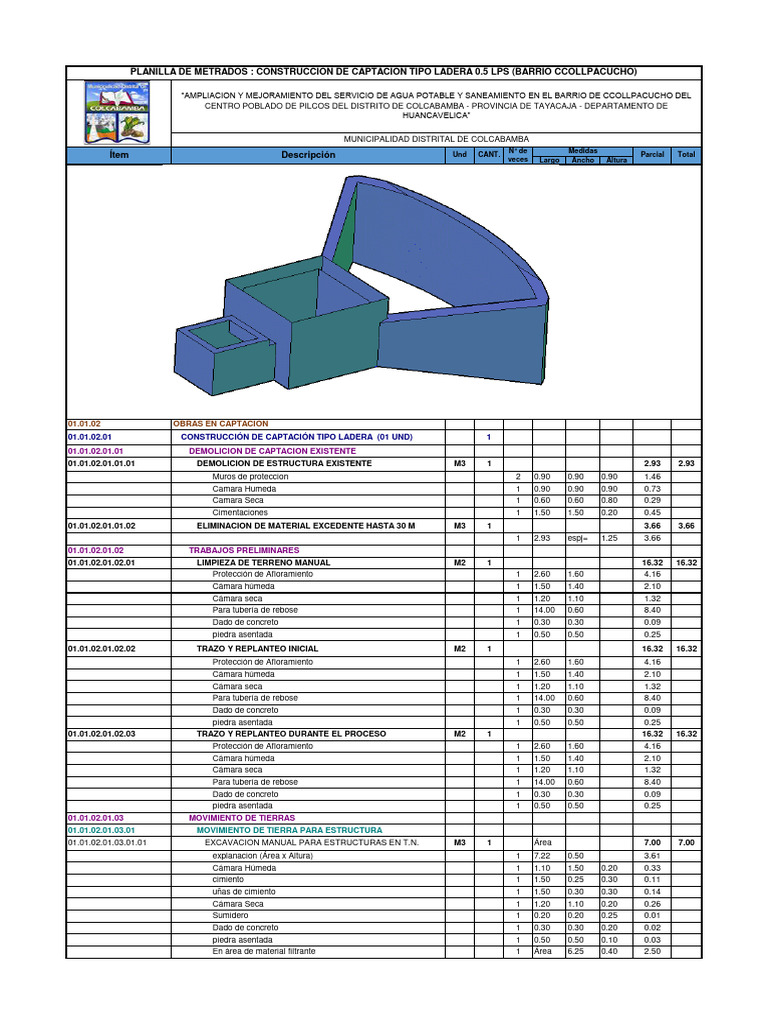 02 - Metrado - Captacion - 0.5 LPS - Ccollpacucho | PDF | Materiales | Ingeniería estructural