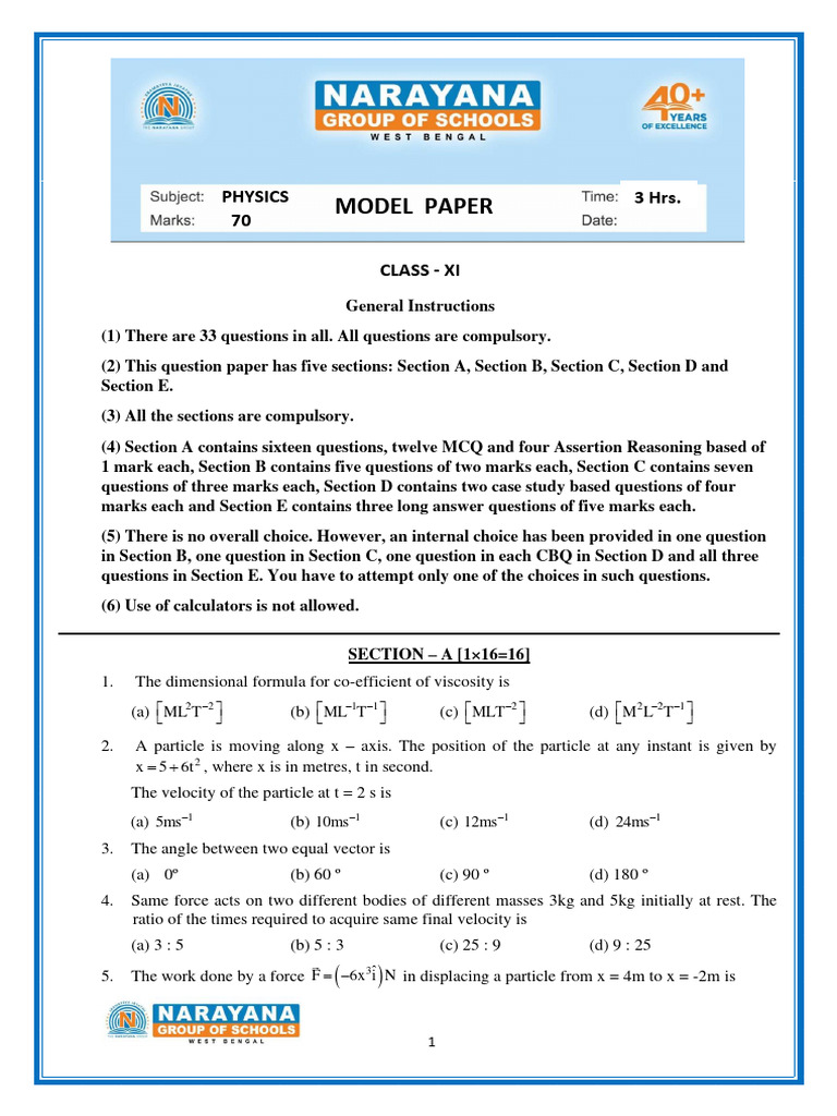 Xi - Phy - Model Paper Paper - FFF | PDF | Gases | Force